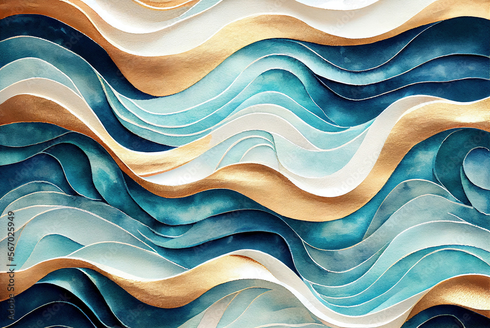 Sea waves pattern abstract background, blue and gold volumetric waves ...
