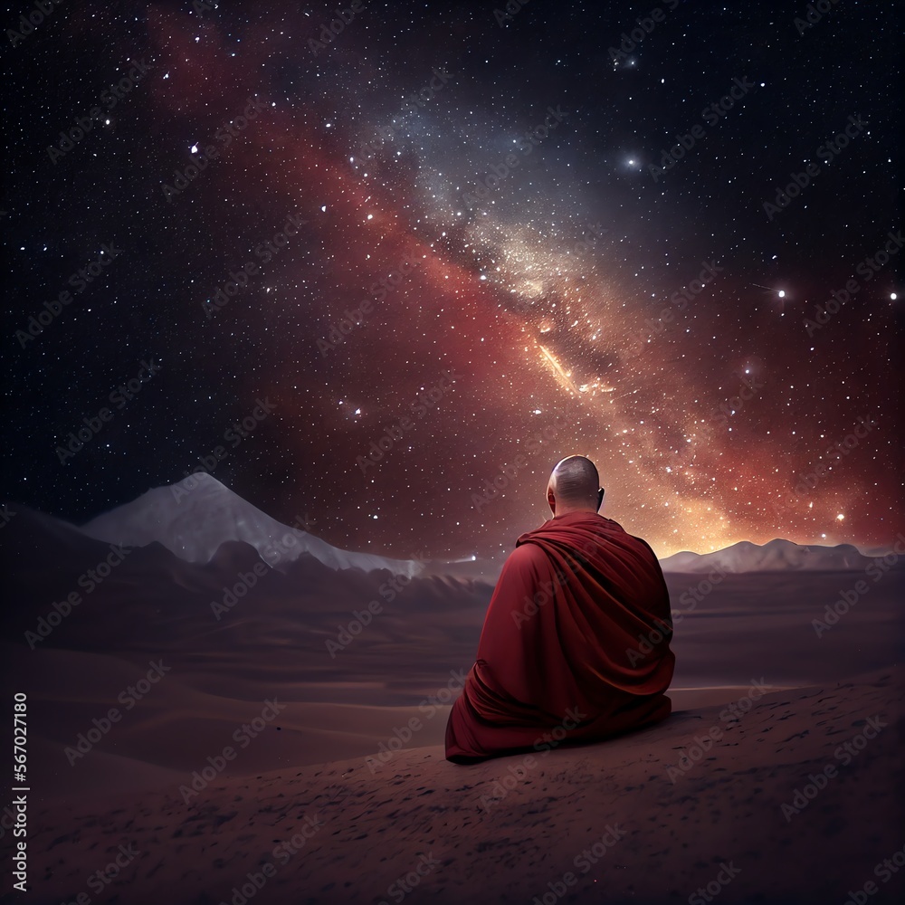 Buddhist monk meditating under star night sky . Energy and power of ...