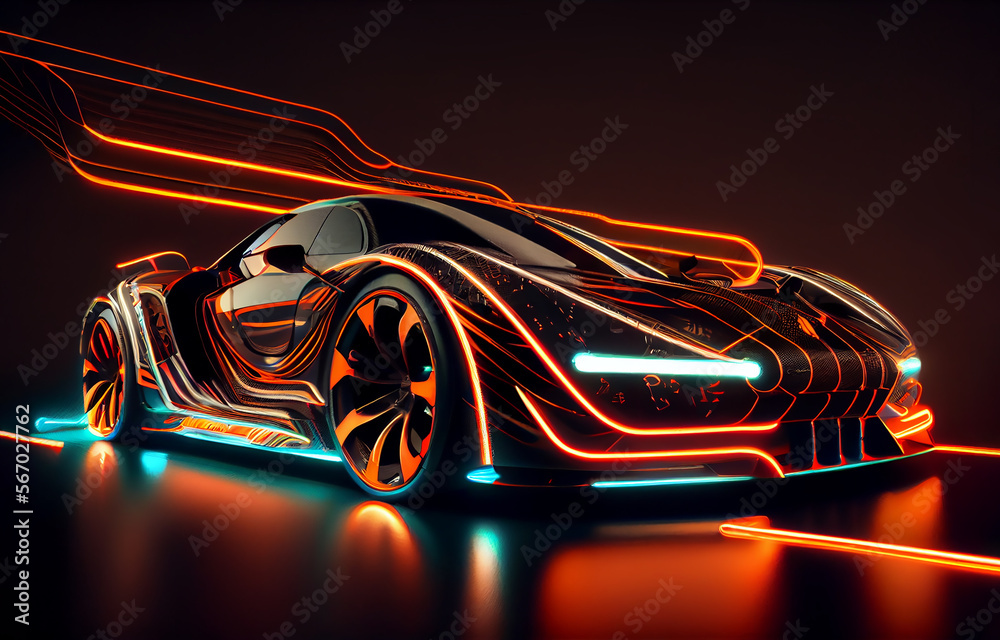 Futuristic Super Car On Neon Highway. Powerful acceleration of a ...