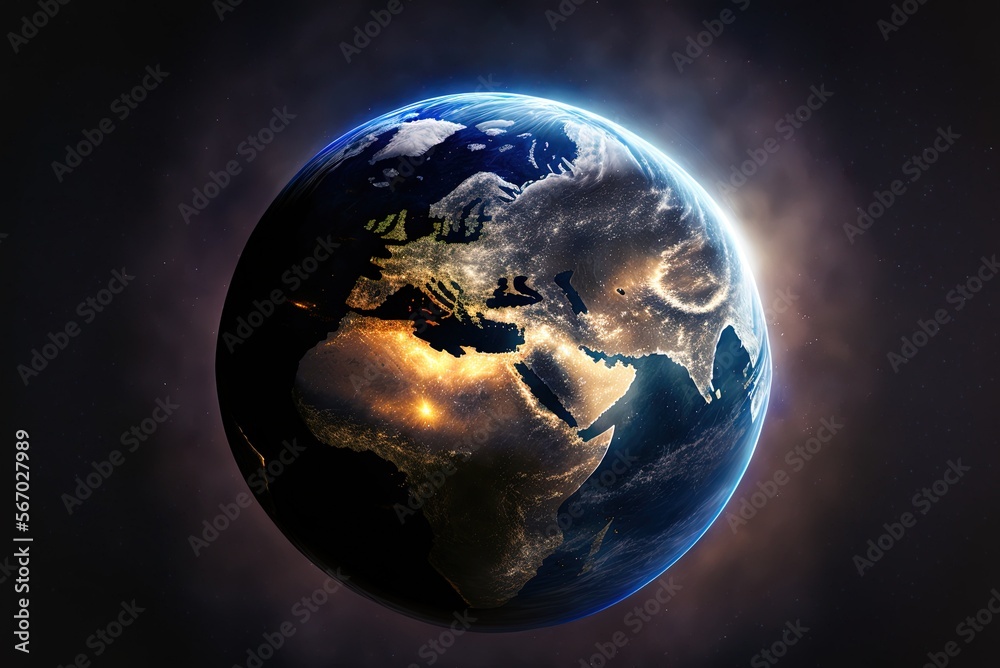 Night sky with stars and nebula above the Earth as seen from space ...