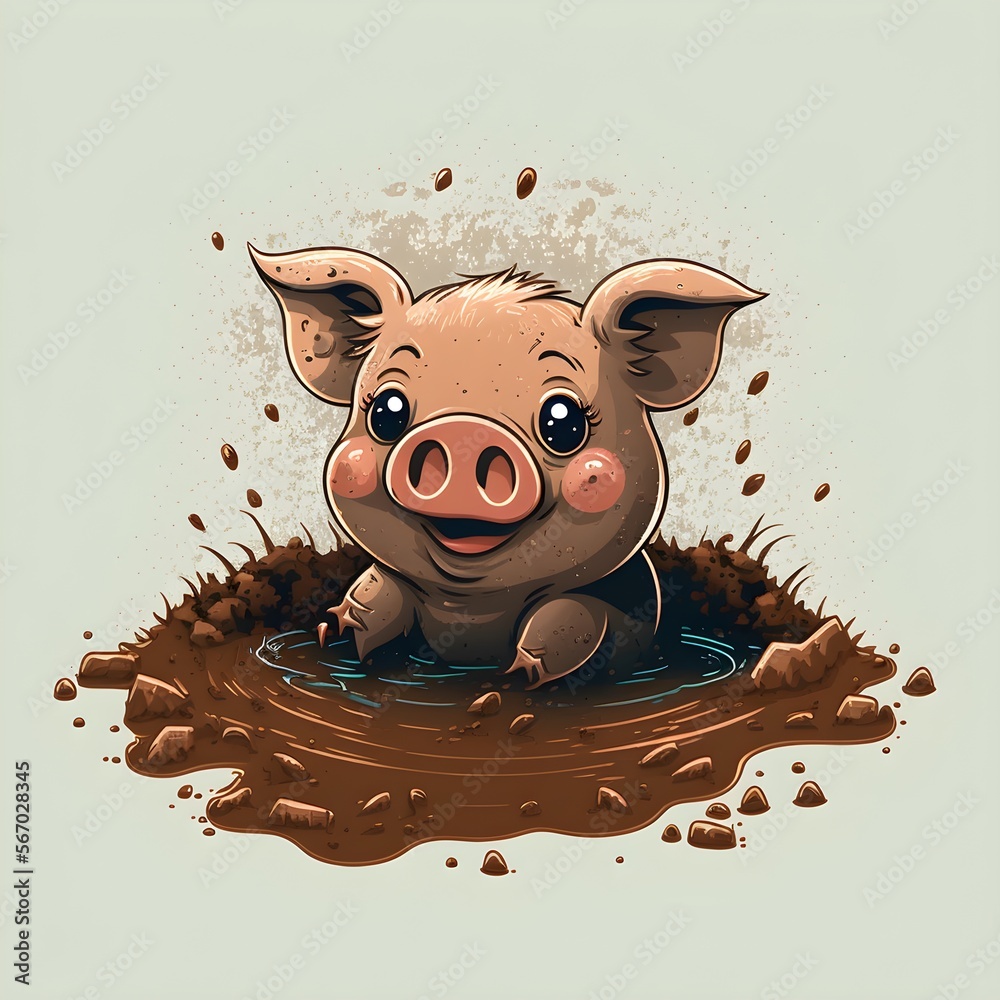 illustration of a happy cute pig in a mud puddle, generative ai, pig ...