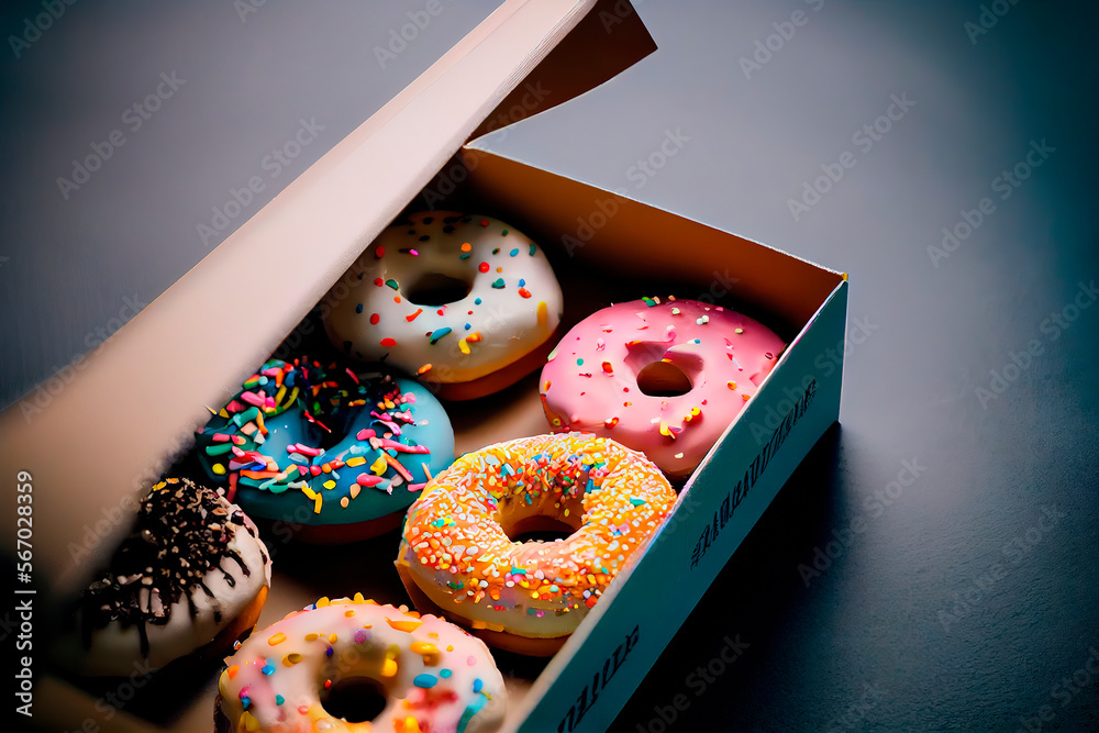 Donuts in a box. Colorful glazed doughnuts in an open carton box ...
