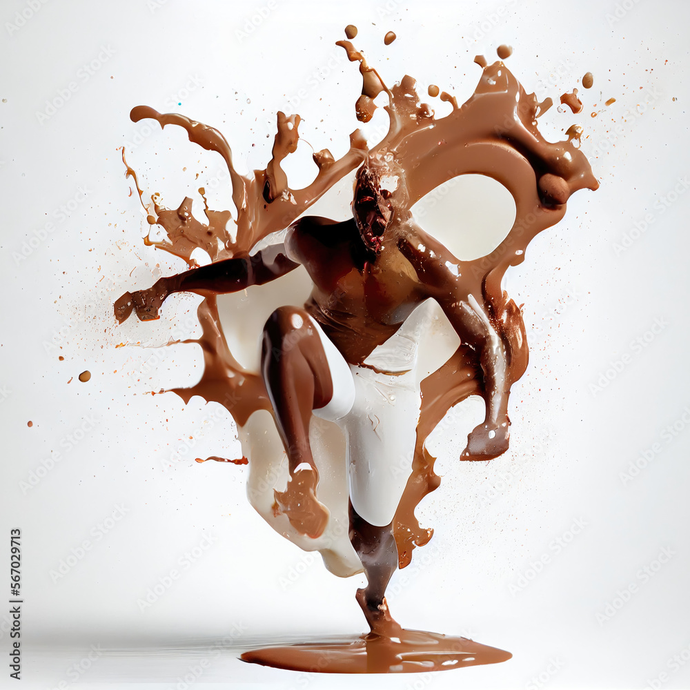 Running man made from chocolate and milk on white background. Sport and ...
