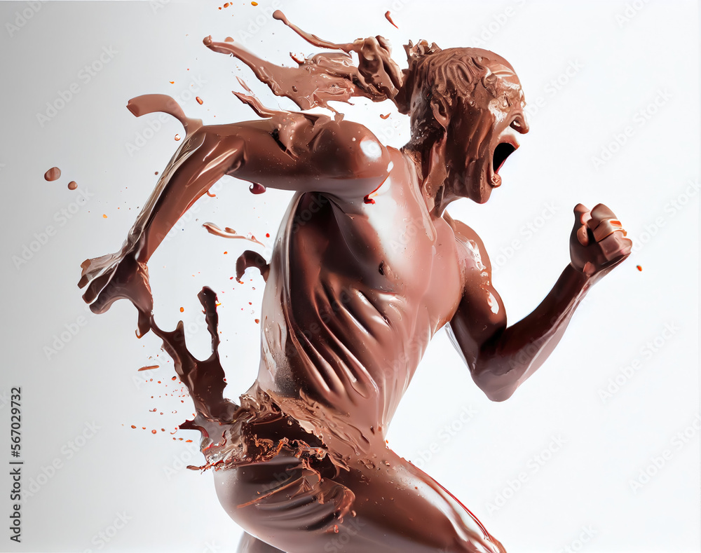 Running man made from chocolate and milk on white background. Sport and ...