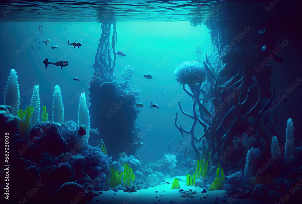 Deep sea and aquatic life with sunshine background. Marine life and ...