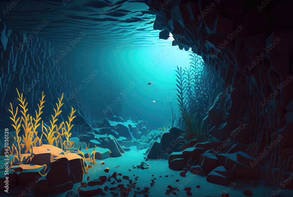 Deep sea and aquatic life with sunshine background. Marine life and ...
