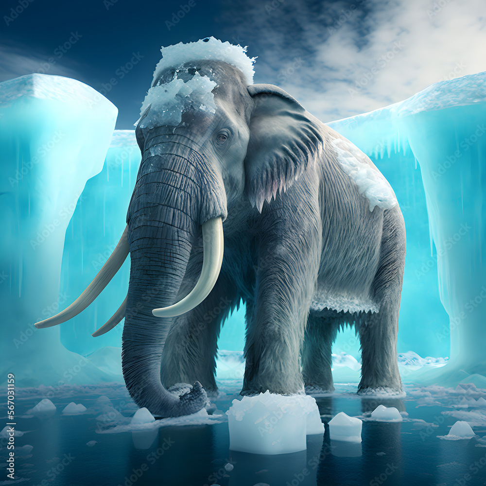 Mammoth defreezing from ice, extinct animal, created with Generative AI ...