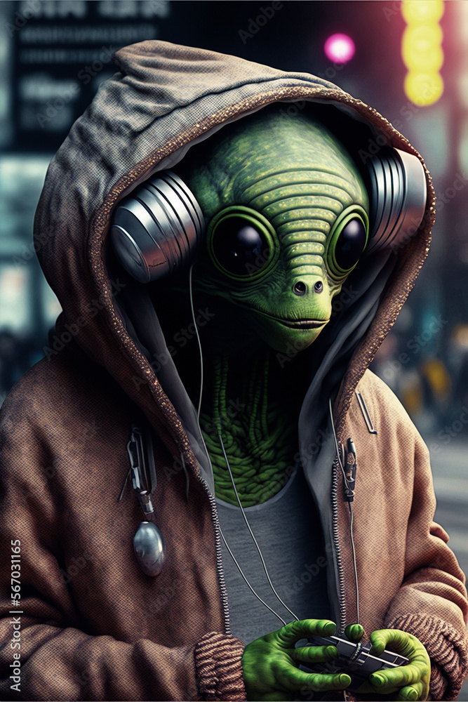 Sci-fi fantasy:urbanized alien with green skin walking with headphones ...