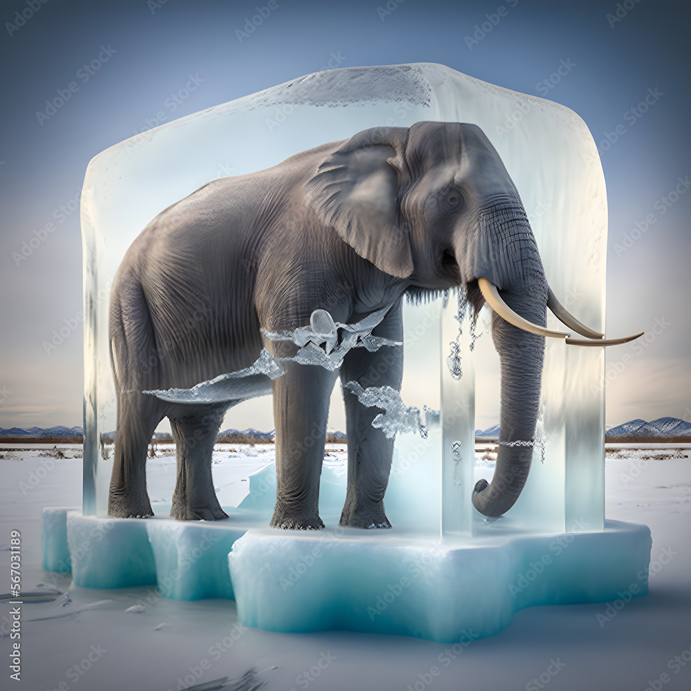 Mammoth defreezing from ice, extinct animal, created with Generative AI ...