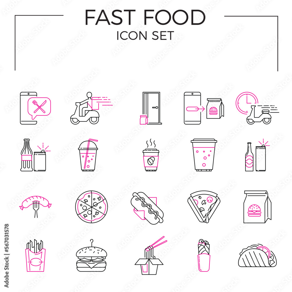 Fast Food icon set. Burger, french fries, hot dog, lunch box, shrimp ...