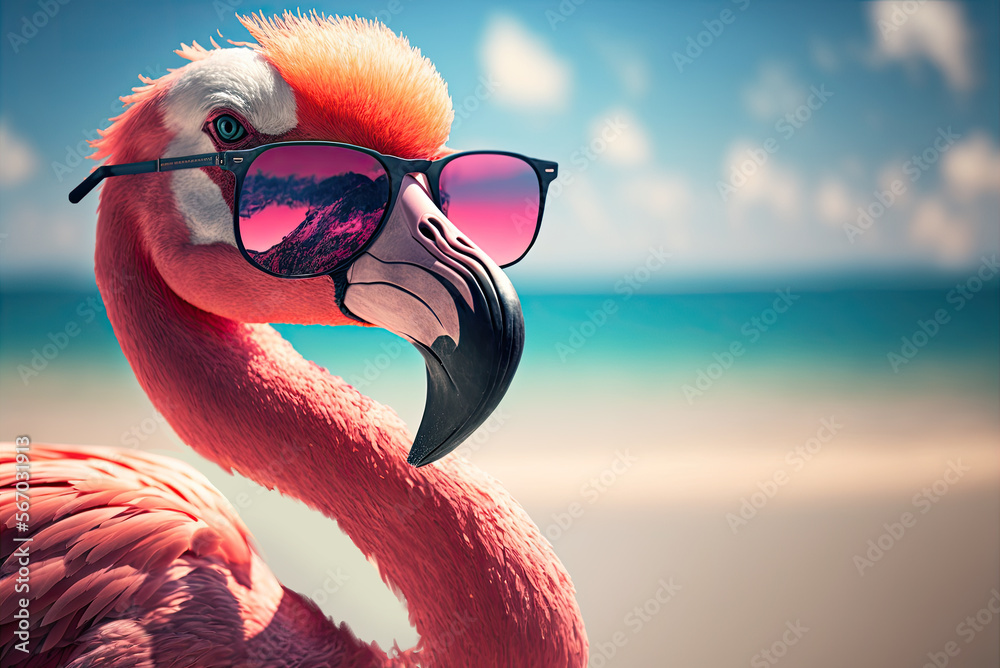 Funny flamingo in sunglasses on summer sea beach background. Summer ...