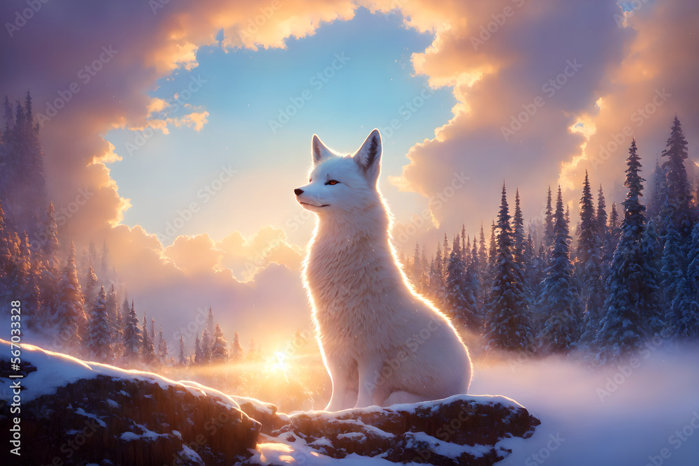 Arctic fox closeup against sunset sun at snowy landscape in rays of ...