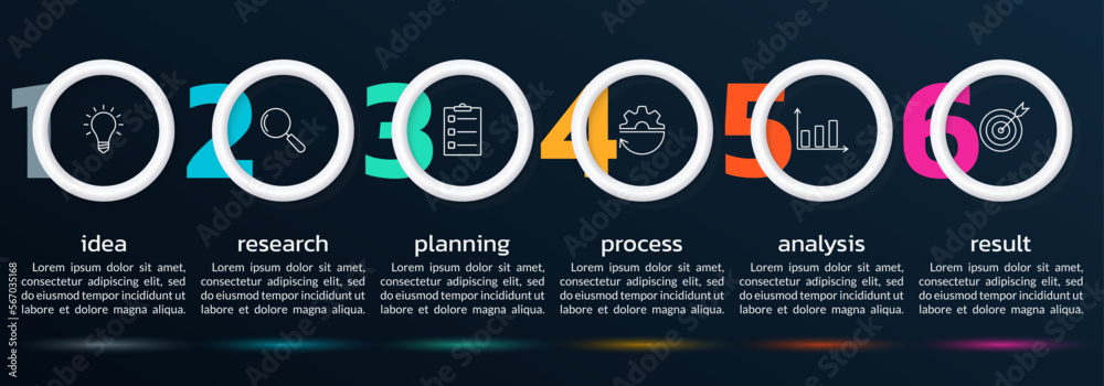 6 steps, options infographic with business icons and six numbers ...