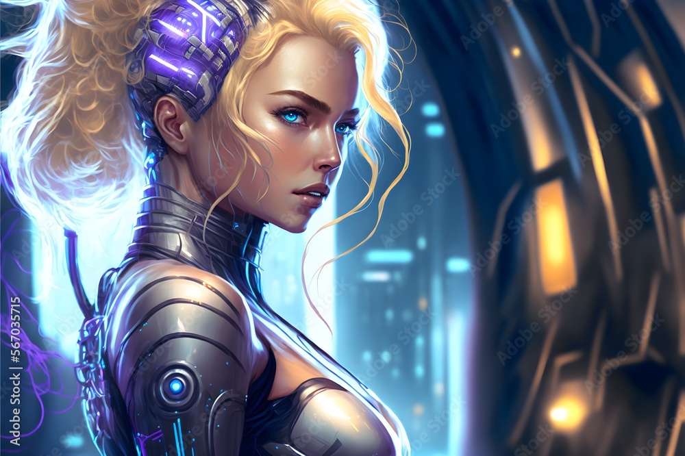 AI generated futuristic blonde Girl in space and future. Having blue ...