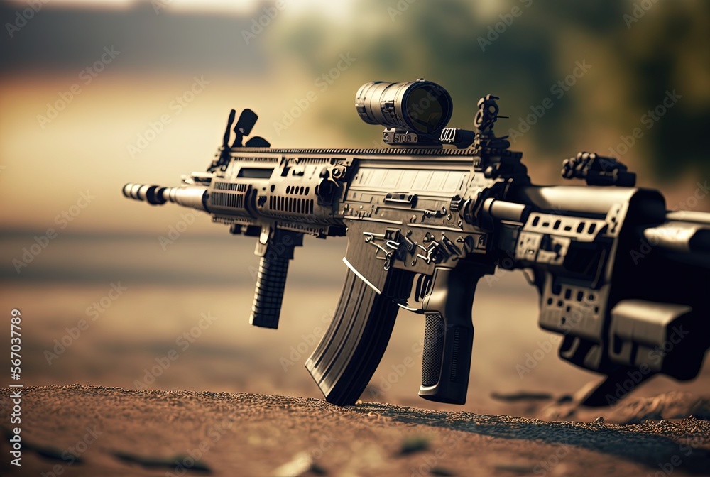 assault rifle with blur mountain background, Generative Ai Stock ...