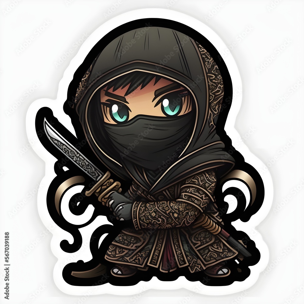 extremely detailed ninja with patterns on black robes sticker in ...