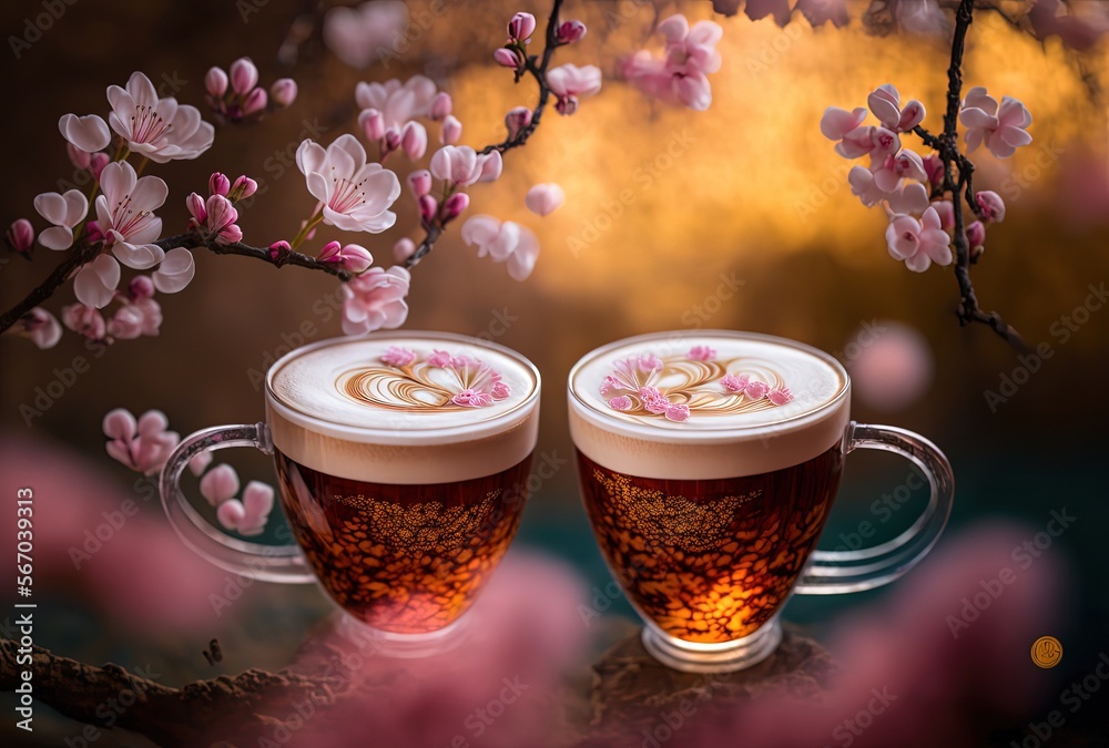 Artistic beautiful romance two cups of latte coffee or chocolate serve ...