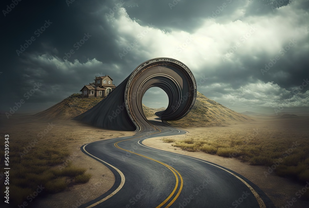 surreal road swirl in loop in wasteland, idea for obstacle and problem ...