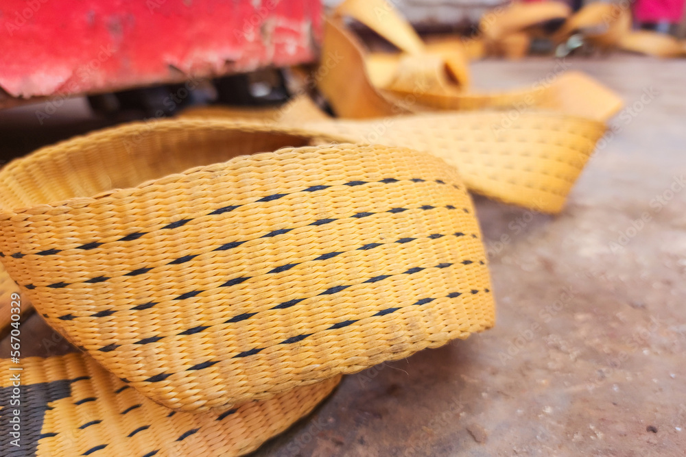 Close-up at safety belt webing slign which is using to latching and ...