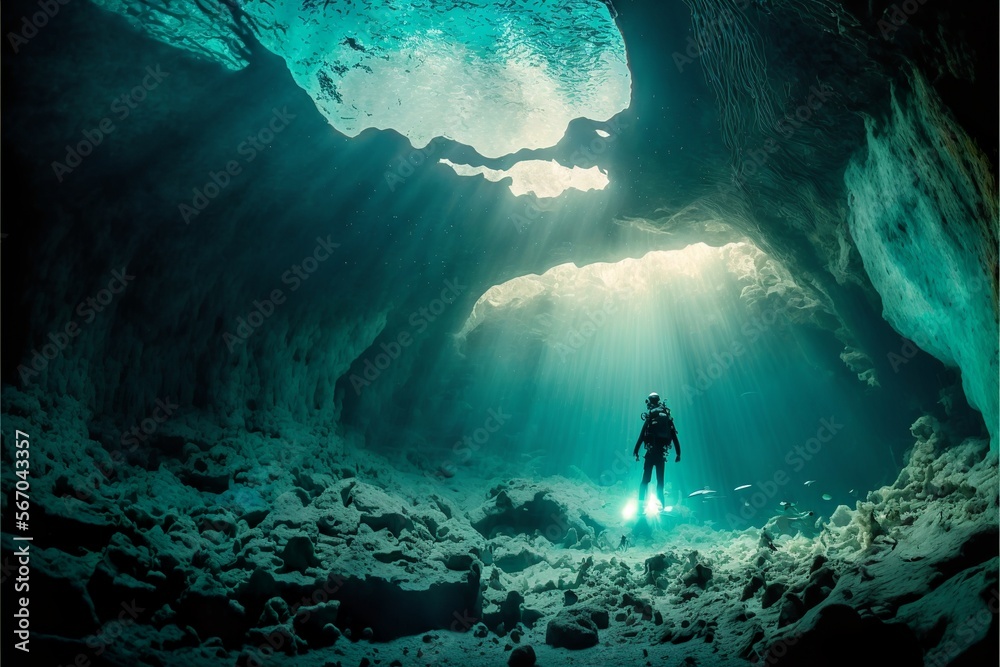 Freshwater cave diving man exploring a submerged cave system extreme ...