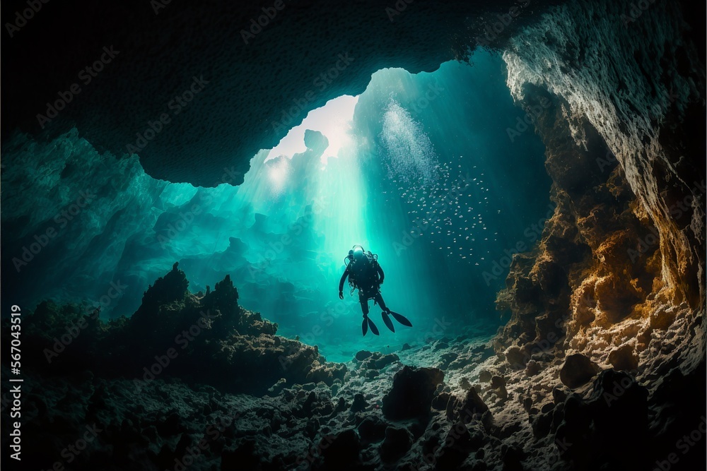Freshwater cave diving man exploring a submerged cave system extreme ...