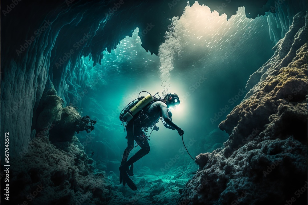 Freshwater cave diving man exploring a submerged cave system extreme ...