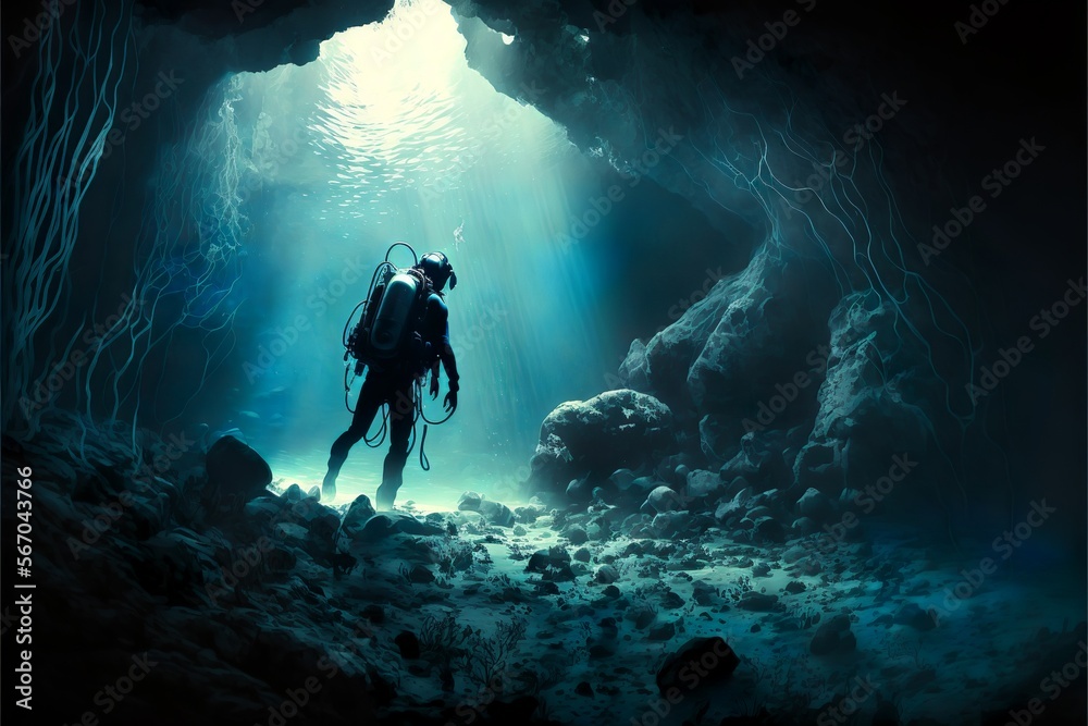 Freshwater cave diving man exploring a submerged cave system extreme ...