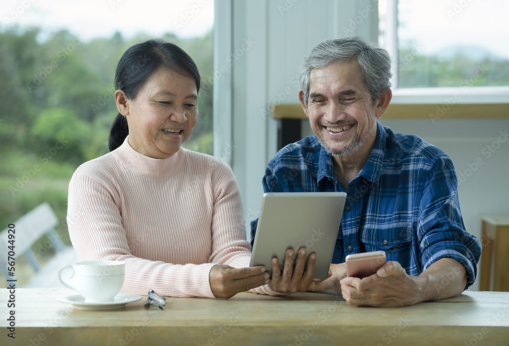 romantic senior married couple sharing computer tablet and chatting ...