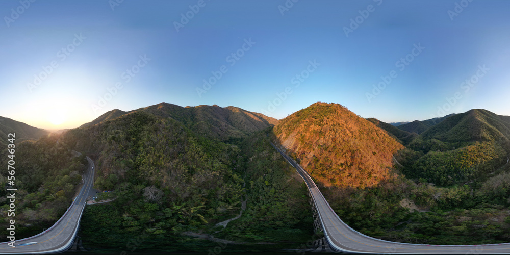 360-degree high-angle image of a reinforced concrete bridge with tall ...