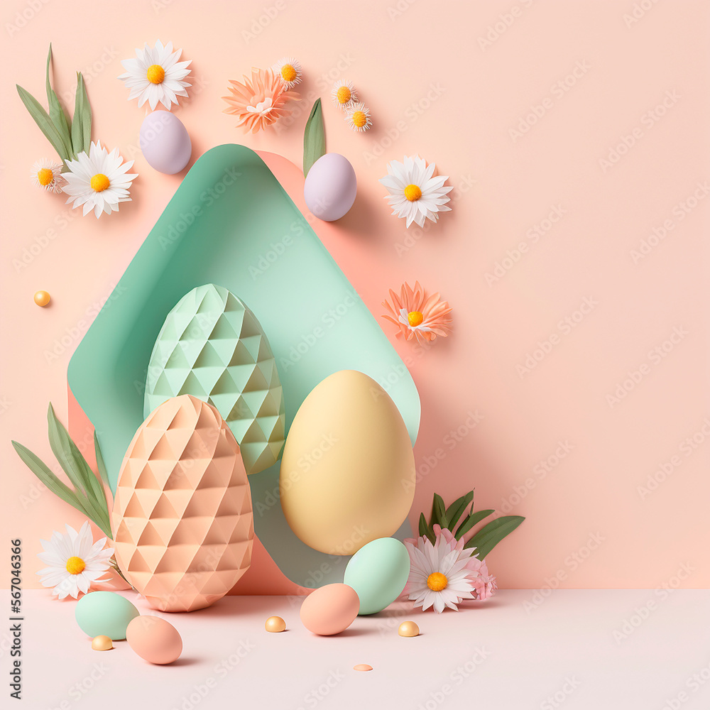 Minimalist, modern Easter background with flowers and Easter eggs in ...