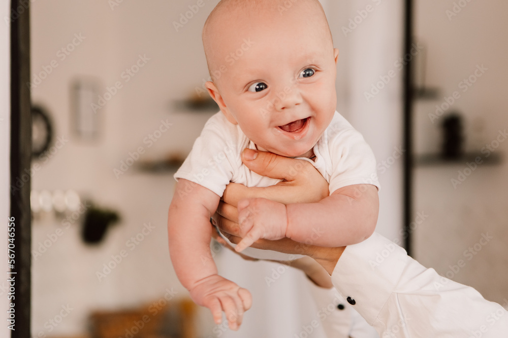 Little boy happy funny smiling laughing cute child baby, father hold ...