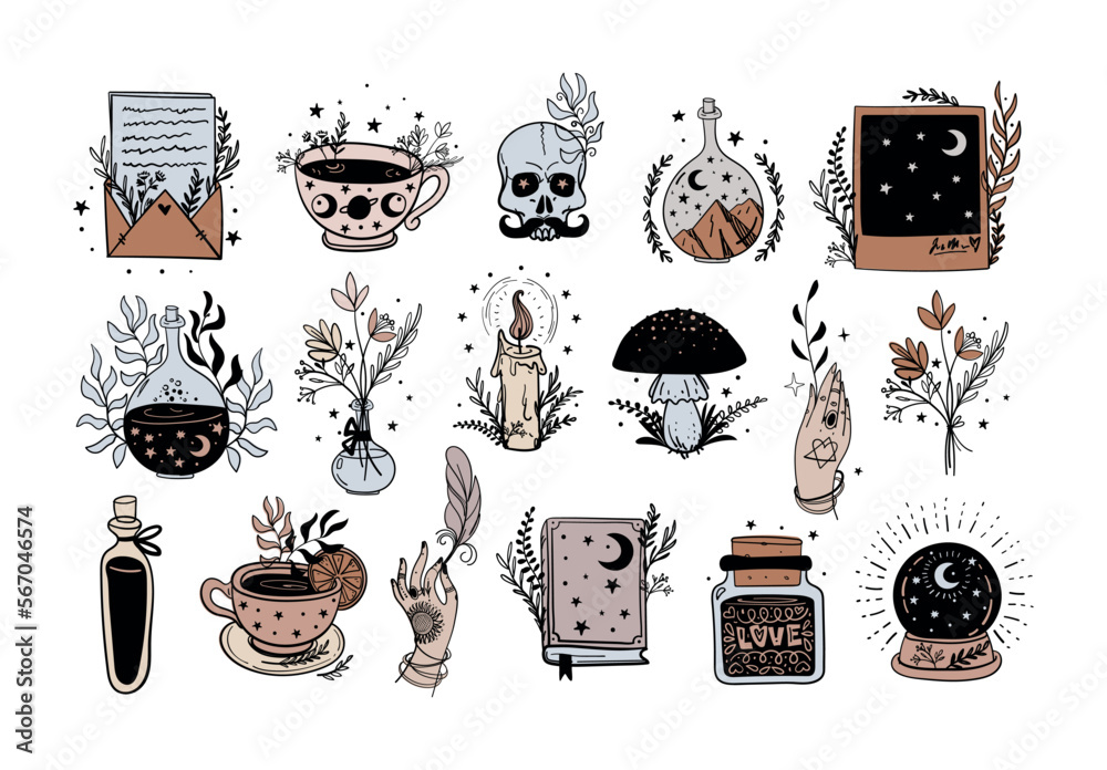 Poster Set of mystical stickers, boho tattoo for witch, witchcraft and ...