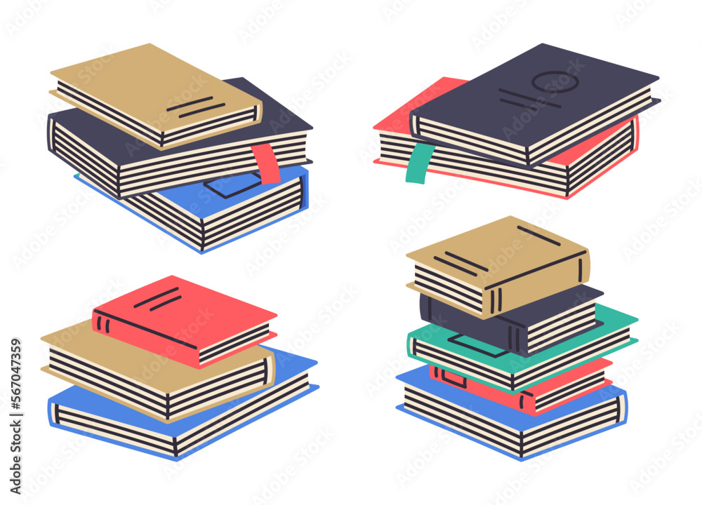 Cartoon books piles. Library book stacks, books pile. Learning and ...