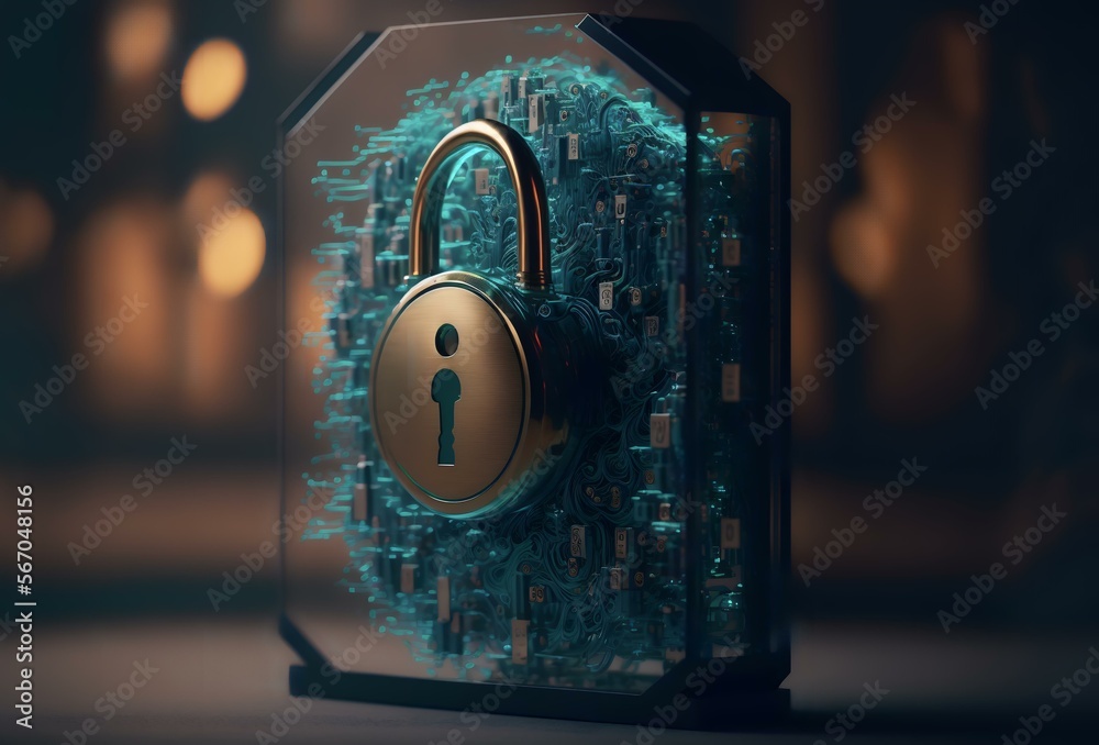 photograph of a computer screen with a padlock symbol in the center ...