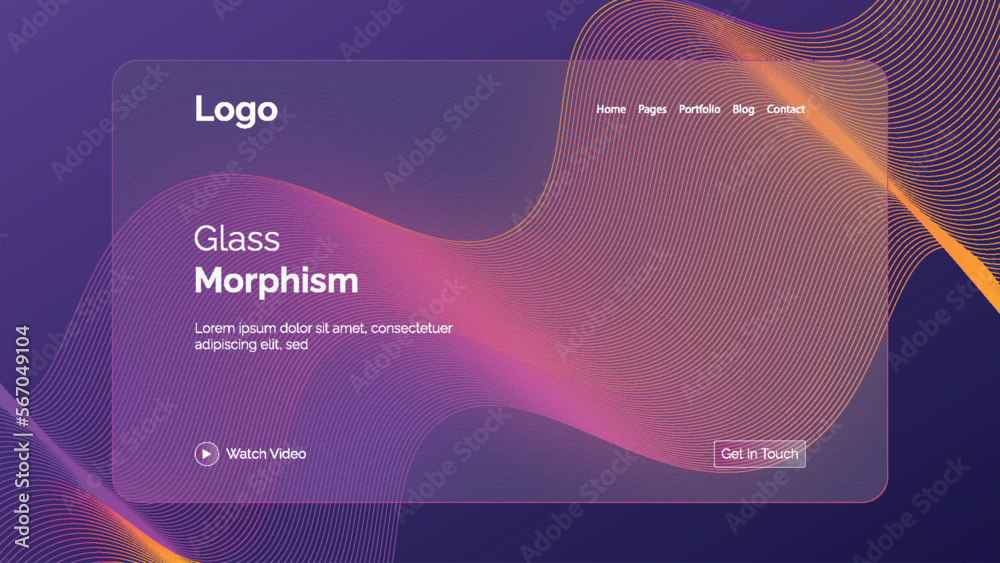 Website landing page template in glassmorphism style. Horizontal ...