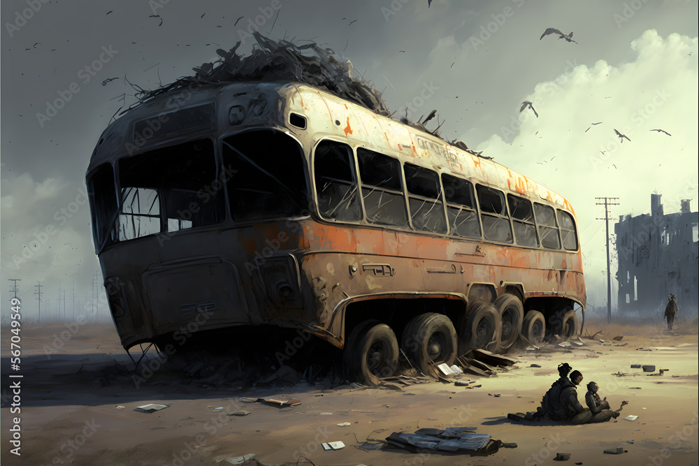 Abandoned Bus in a Apocalyptic City Background, illustration generativ ...