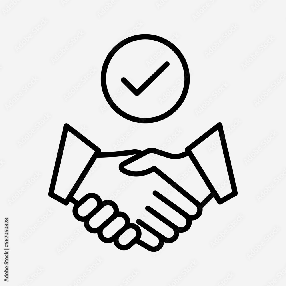 Commitment isolated vector outline icon. Handshake with tick modern ...