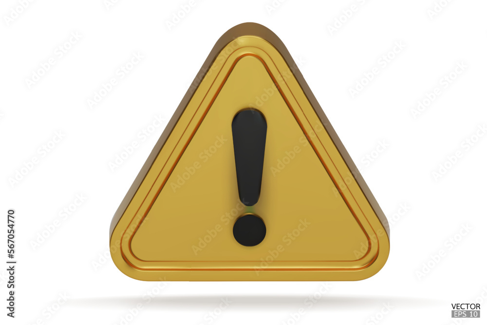 3d Realistic gold triangle warning sign isolated on white background ...
