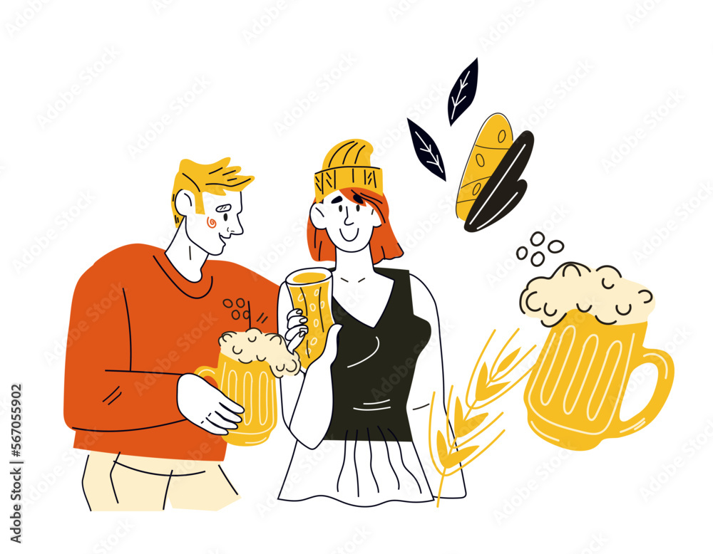 People drink beer, hand drawn cartoon doodle style vector illustration ...