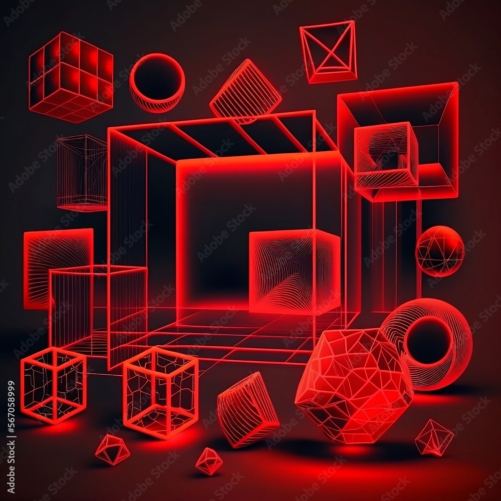 Geometry wireframe shapes and grids in neon red color. 3D objects, abstract backgrounds ...