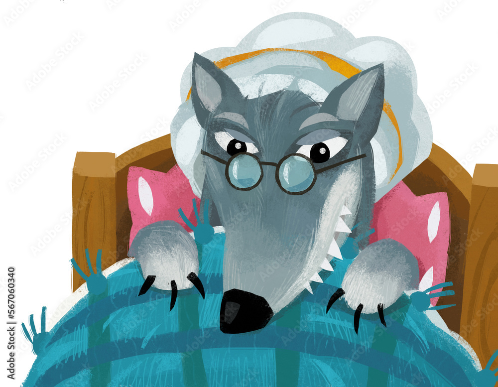 cartoon scene with evil wolf spying in bed illustration for children ...