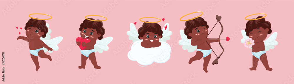 Collection of black cupid characters in flat cartoon style. Cute group ...