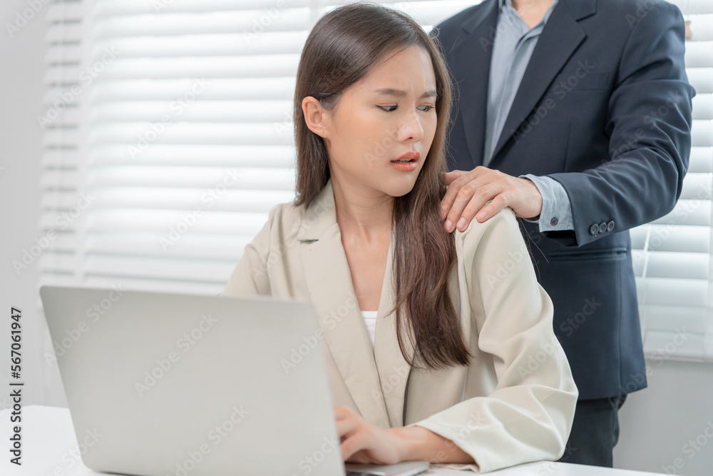 businessman sexually harassed a female colleague by touch her shoulder ...