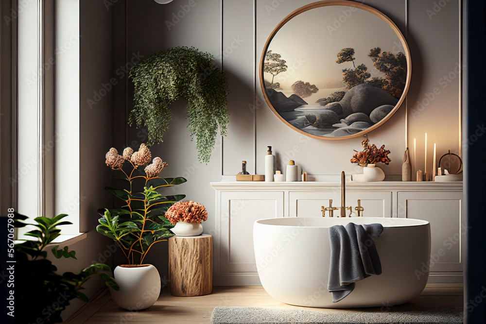 Bath space and vanity with styling, decor around themes of self-care ...