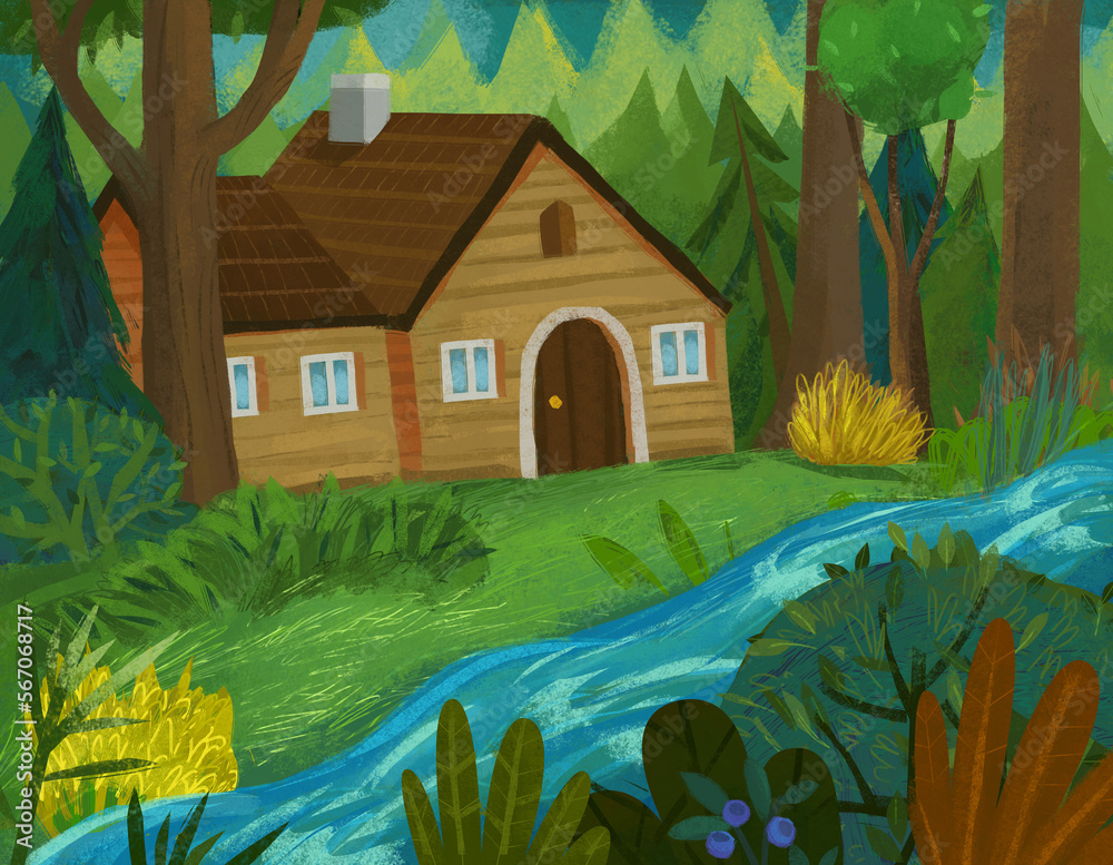 Cartoon nature scene with old house in the forest illustration for ...