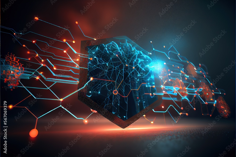 Big Data concept. Digital neural network.Business woman hand touching Introduction of artificial ...