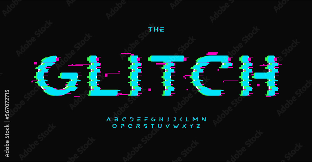 Vecteur Stock Glitch alphabet, digital distorted sans serif letters ...