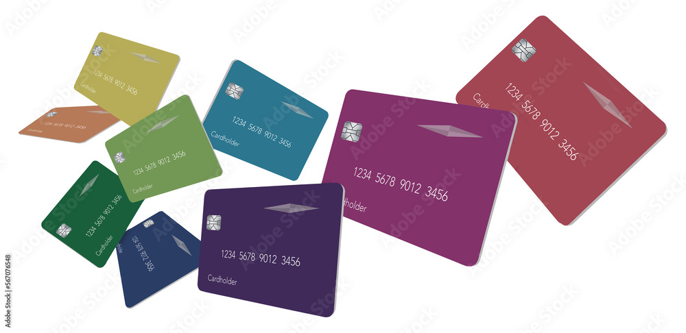 Nine credit card or debit cards in the colors of the spectrum float ...
