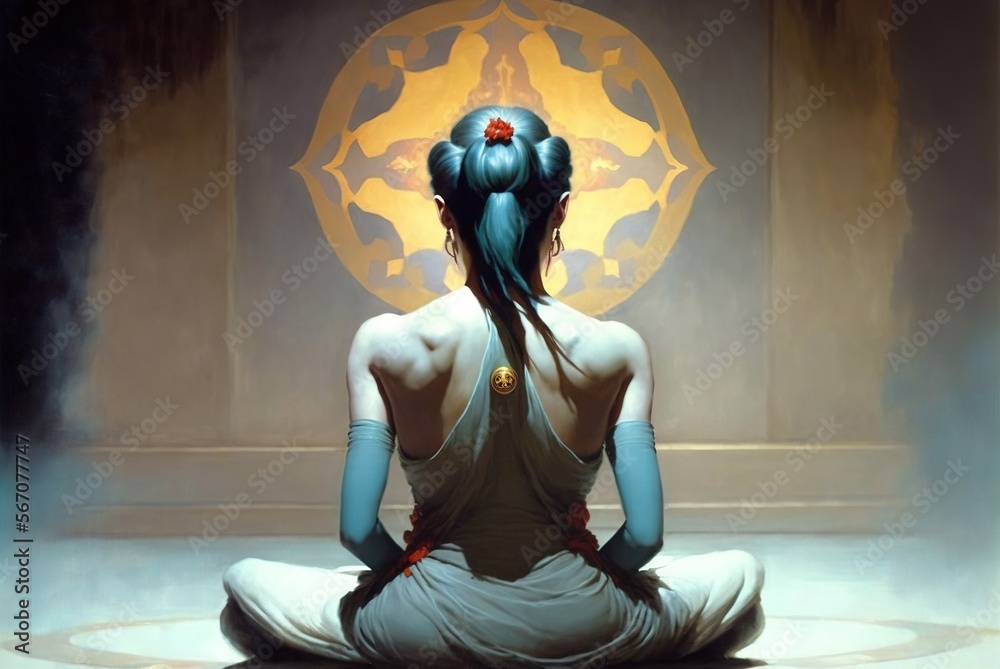 Woman in meditation pose from behind with Kundalini snake oil painting ...