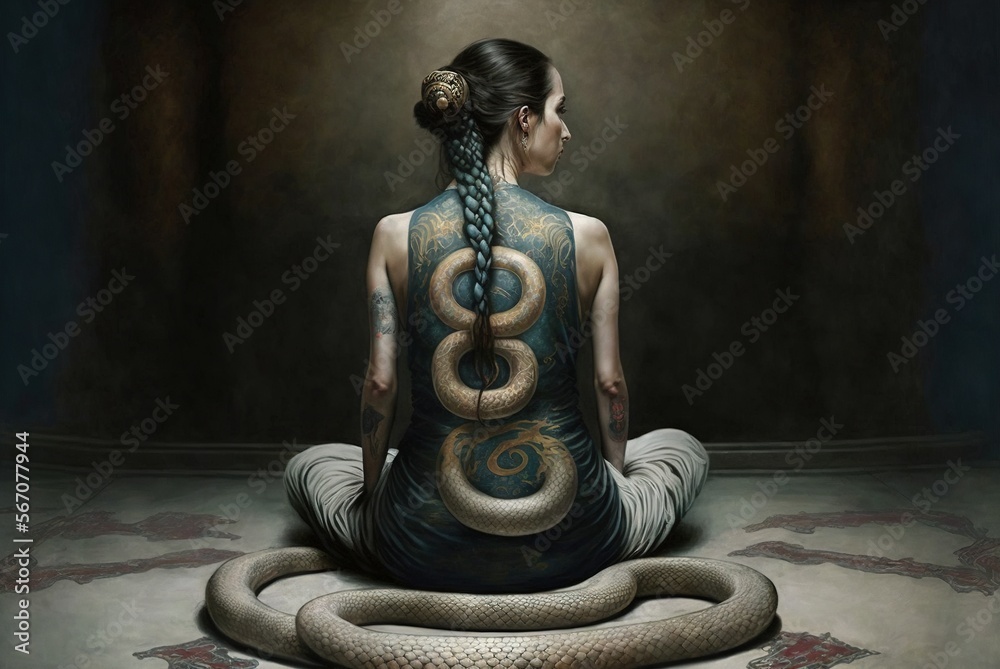 Woman in meditation pose from behind with Kundalini snake oil painting ...